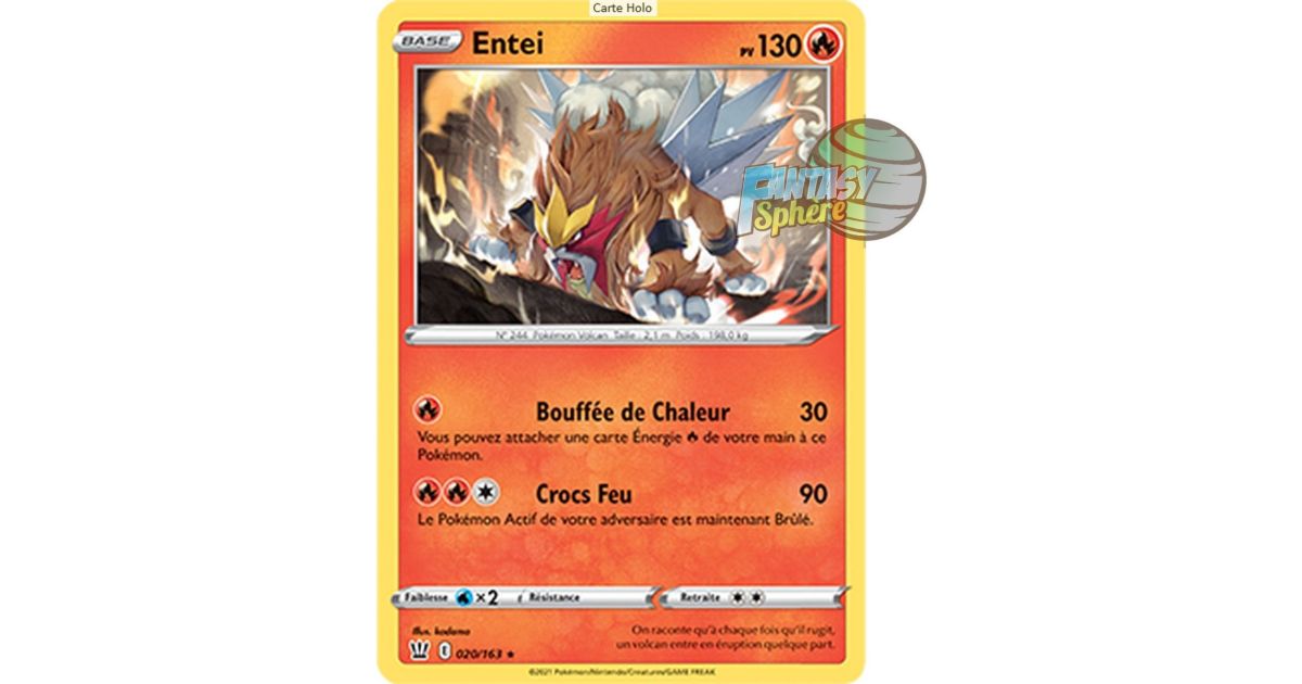 Entei - Holo Rare 20/163_H - Epee et Bouclier Style de Combat - Fantasy ...